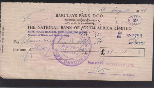 Other Africana - OLD BARCLAYS BANK CHEQUE -6 AUG. 1958, WALDORF HOTEL ...
