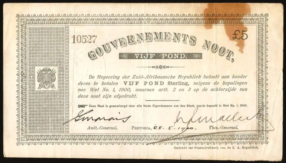 ZAR Bank Notes - ZAR 5 Pond 'Gouvernements Noot' 1900, Pretoria - CRAZY ...