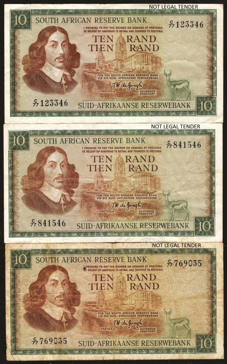 TW de Jongh - SA 10 Rand 1967(TW de Jongh 1st Issue)English - 3 notes ...