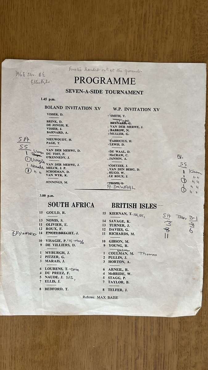 Sporting Memorabilia - 1968 Springboks vs British Isles at Ellis Park ...