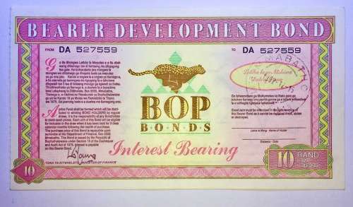 Africa - BOPHUTHATSWANA 10 BOP BONDS WITH STAMP MMABATHO 1992-12-15 UNC ...