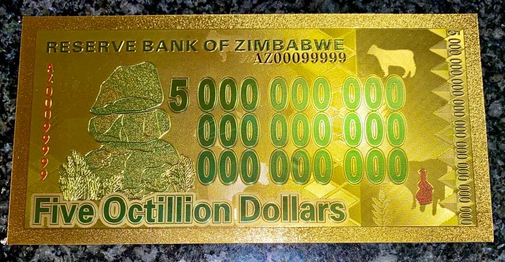 Africa - ZIMBABWE - FIVE OCTILLION DOLLAR`S (5 WITH 27 ZEROS ...