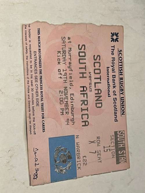 Sporting Memorabilia - Rugby Ticket - Scotland vs Springboks 19/11/1994 ...