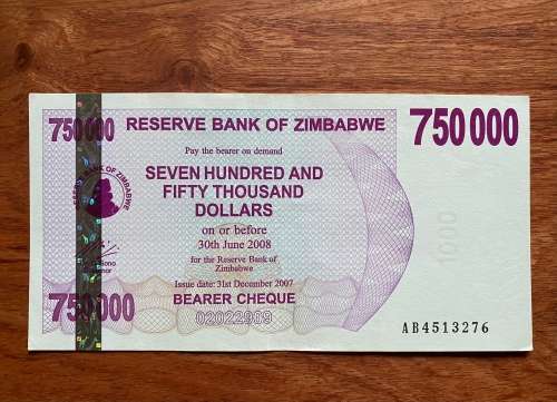 Africa - Zimbabwe $750,000 Bearer Cheque - ERROR CHEQUE - Watermark ...