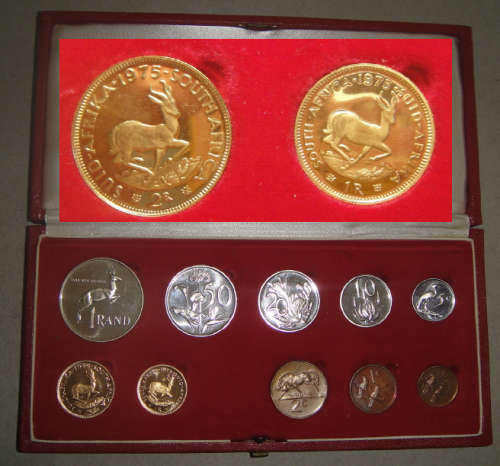 Proof Sets - Republic of South Africa : Long Proof Set with GOLD R1 & R2 coins included of 1975 ...