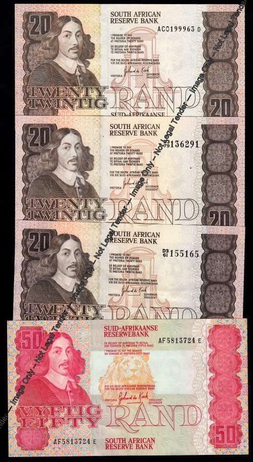 GPC de Kock - Jan van Riebeeck Bank Notes of the 1980s, 3 x R20 & 1 x ...