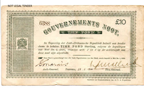 ZAR Bank Notes - 1900 ZAR Variety A, spade Border no `No` 10 Pound ...