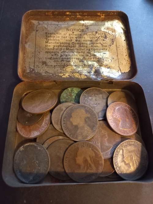 Great Britain - Lot of old worn GB pennies in Vintage tobacco tin was ...