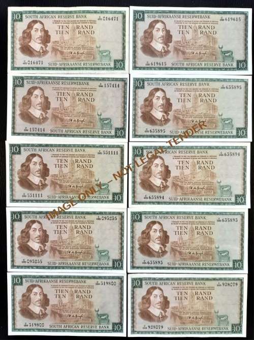 TW de Jongh - RSA TEN RAND BANKNOTES - TW DE JONGH - COLLECTION OF 10 ...