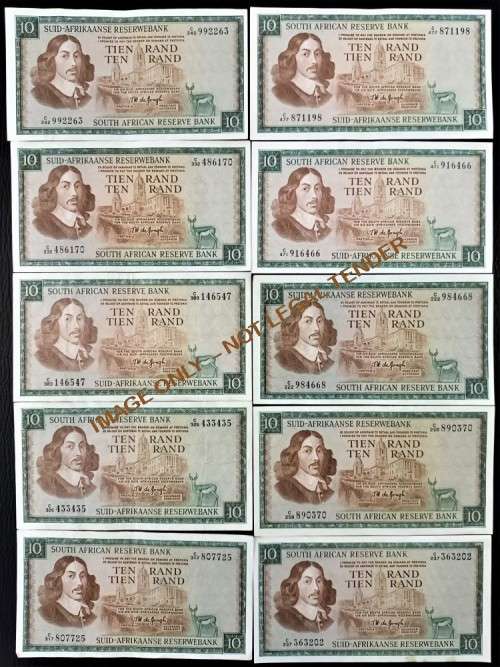TW de Jongh - RSA TEN RAND BANKNOTES - TW DE JONGH - COLLECTION OF 10 ...
