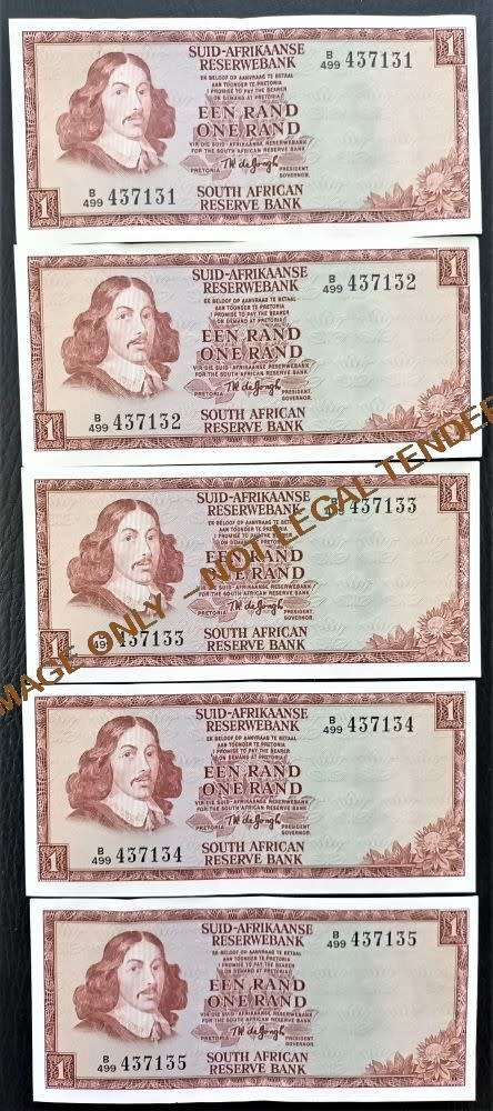 TW de Jongh - RSA ONE RAND BANKNOTES - TW DE JONGH - 5 NOTES in series ...