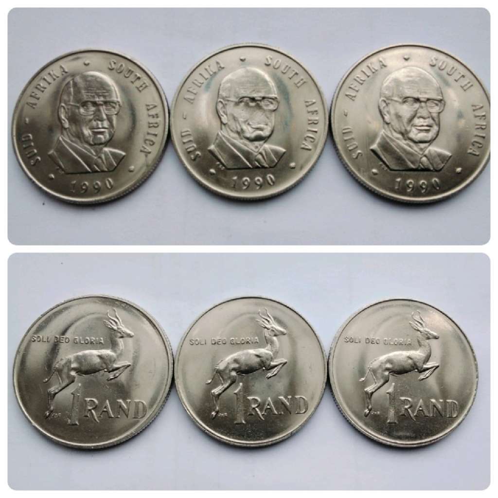 One Rand - Set of 3 PW Botha 1990 R1 nickel error coins. `Ghost Strikes ...