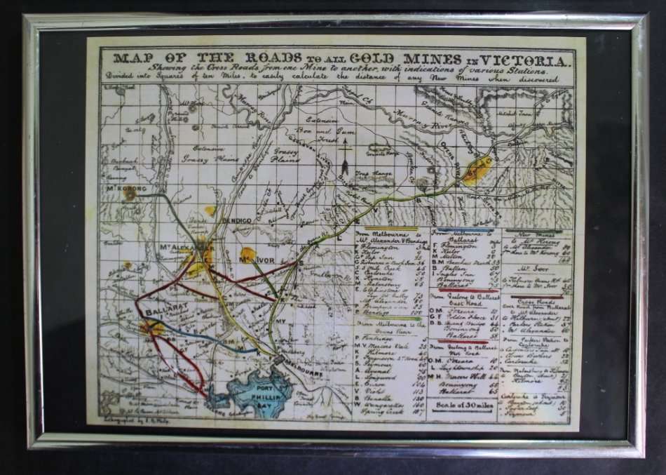 Maps - Framed Map of the Roads to all Gold Mines in Victoria Australia ...