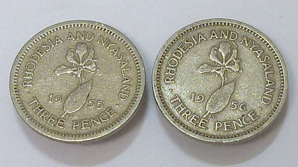 Africa - Old RHODESIA & NYASALAND Lot - 1955 Three Pence & 1956 Three ...