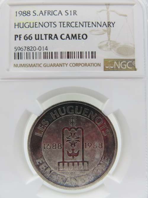 One Rand - 1988 South Africa `Huguenots Tercentennary` Silver R1 NGC ...