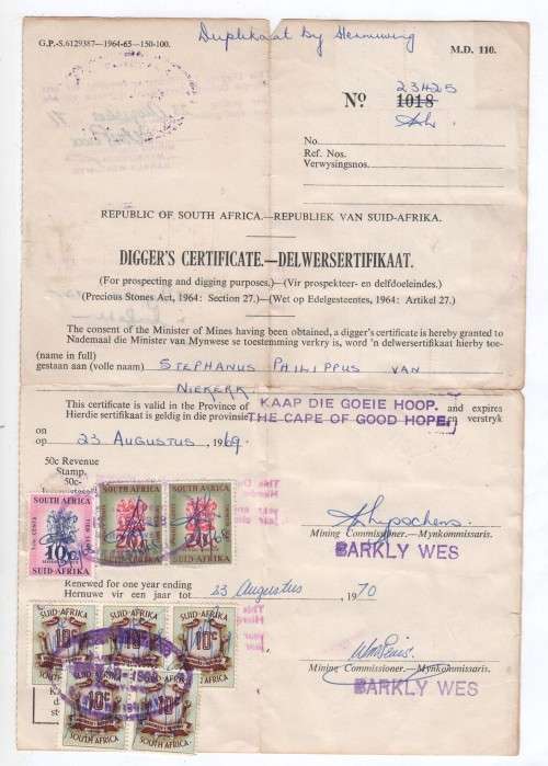 Documents - 1969 Cape of Good Hope Digger`s certificate - Issued in ...