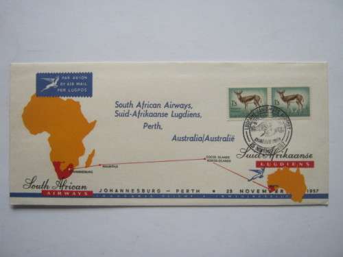 Union of South Africa - SAA FLIGHT COVER - 1957 JOHANNESBURG TO PERTH ...