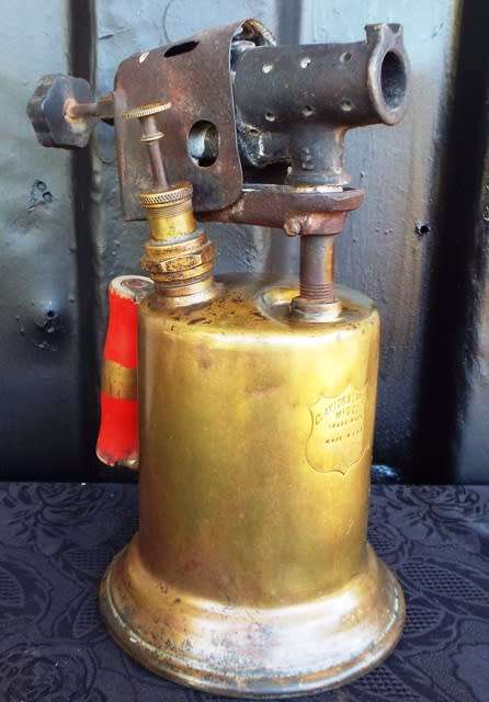 Tools - Old fashioned brass blow torch with wooden handle for sale in ...