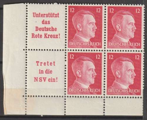 Germany & Colonies - 1941 Adolf Hitler 12 Pf corner block with W156 and ...
