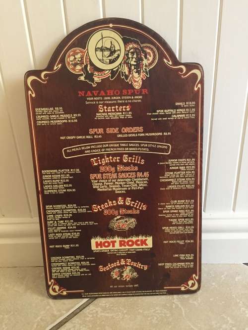 Signage - SPUR STEAK RANCHES MENU South Africa NAVAHO SPUR R11.95 ...