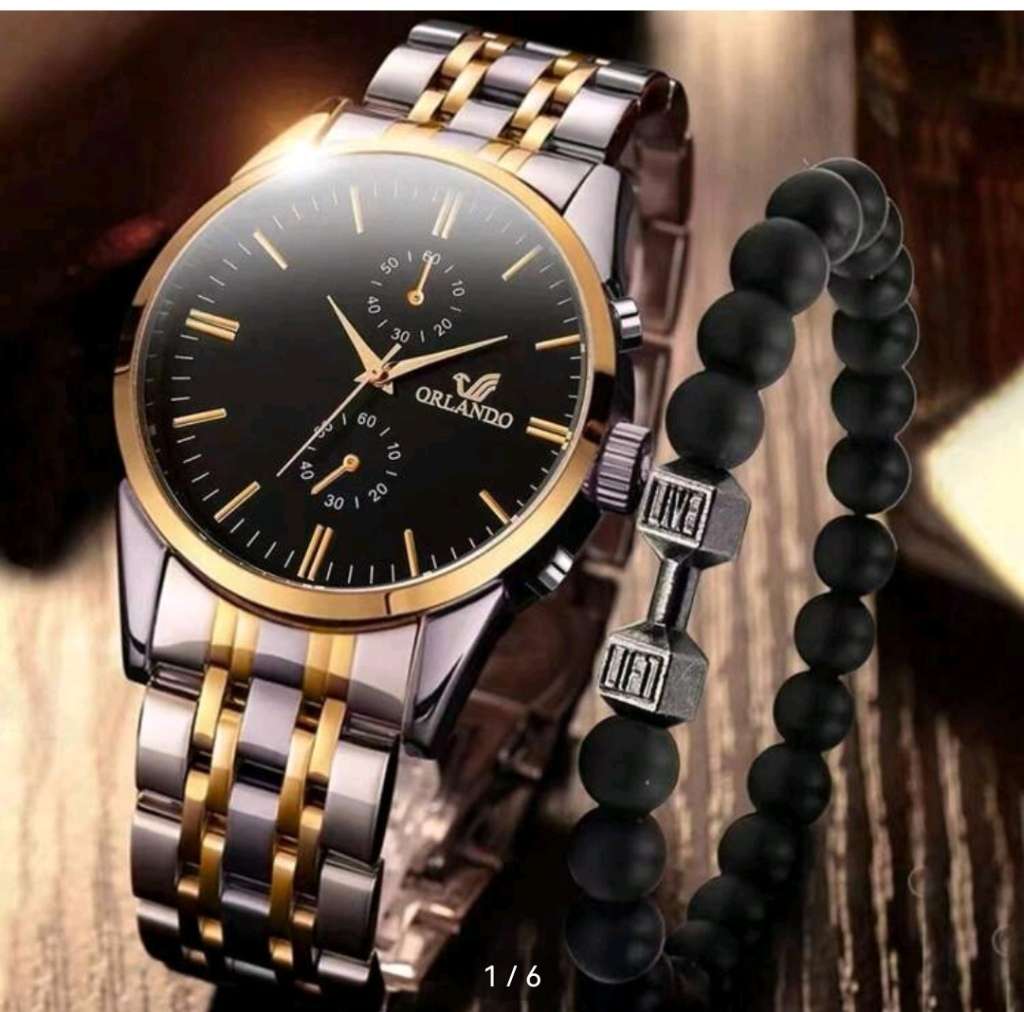 Men's Watches - 2pcs Luxury Men`s gold Bracelet Watch Set, Men`s Fashionable Stainless Steel ...