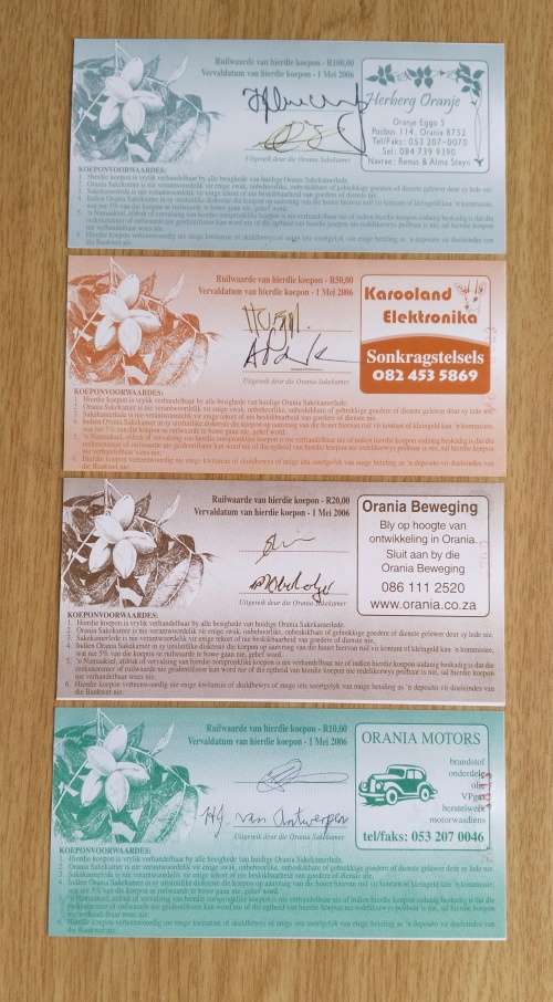 Africa - ORANIA UNC HONDERD, VYFTIG, TWINTIG AND TIEN ORA BANK NOTES ...