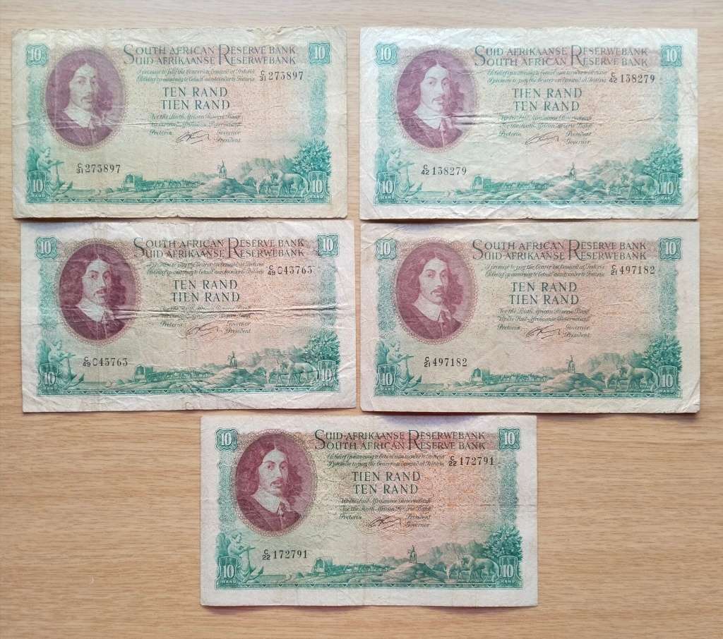 G Rissik - South Africa G. Rissik collection of 5 old R10 Bank Notes ...