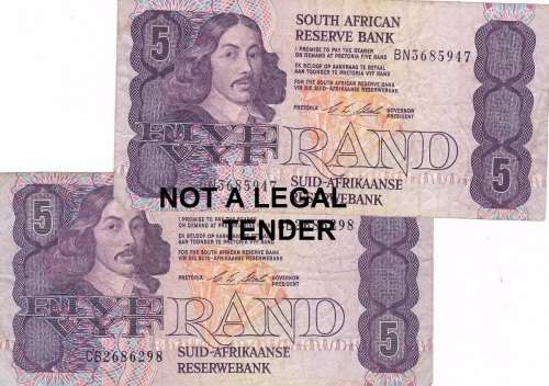 CL Stals - FIVE RAND CL STALS (RSA) BANK NOTES - 2 NOTES - YOUR BID FOR ...