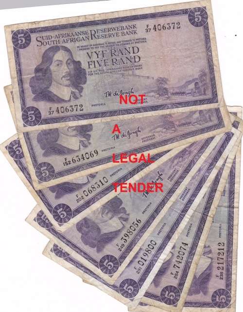 TW de Jongh - FIVE RAND (RSA) BANK NOTES - 7 NOTES - YOUR BID FOR ALL ...