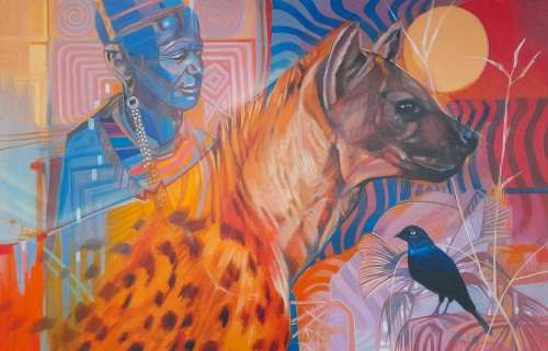 Paintings - peter botha - hyena and maasai oil painting for sale in ...