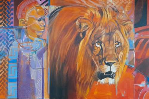 Paintings - peter botha - lion and maasai oil painting was listed for ...