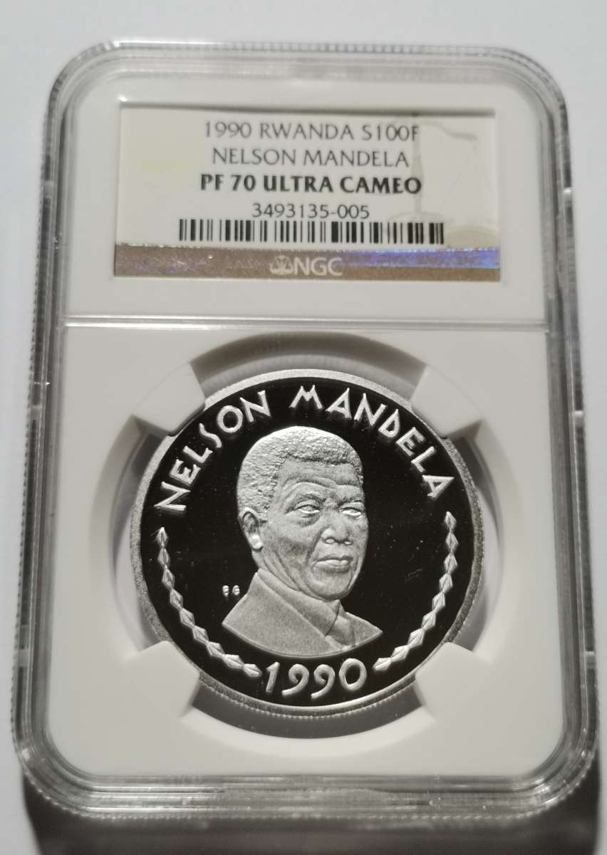 Mandela - 1990 RWANDA 1 0Z SILVER 100F MANDELA COIN. NGC PF70UC ...