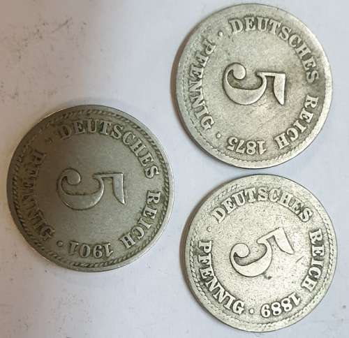 Europe - 1875,1889 and 1901 Deutsches Reich 5 Pfennig Coins - One bid ...