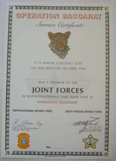 South African Army - Operation Baccarat Service Certificate ...