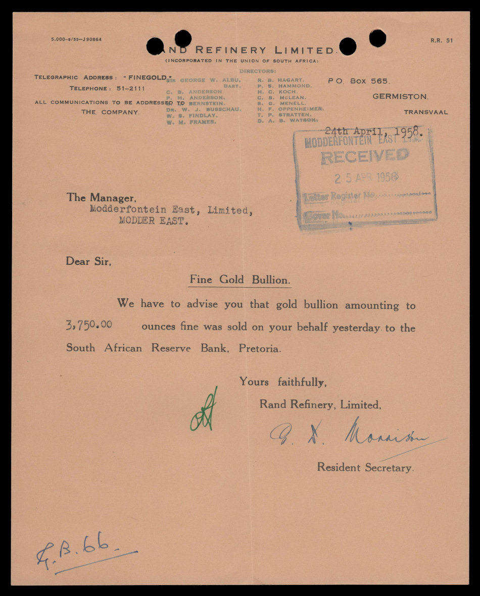 Union of South Africa - South Africa. Rand Refinery FINE GOLD BULLION ...