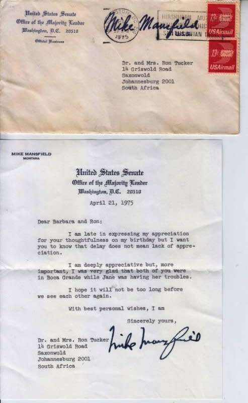 United States of America - USA,1975 letter from Mike Mansfield (US ...