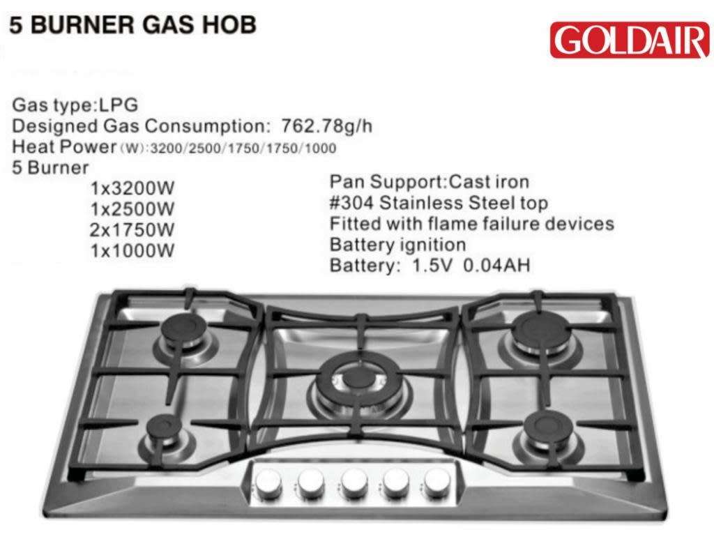 Hobs - Goldair 5 Burner Gas Hob - Cast Iron Pan Support - Battery ...
