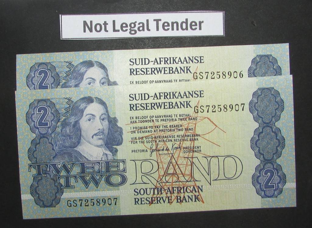 TW de Jongh - South Africa 2 by 2 Rand Notes in Sequence and UNC for ...