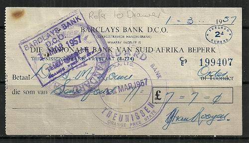 Numismatic collectables - South Africa 1957 Barclays Bank Used Cheque ...