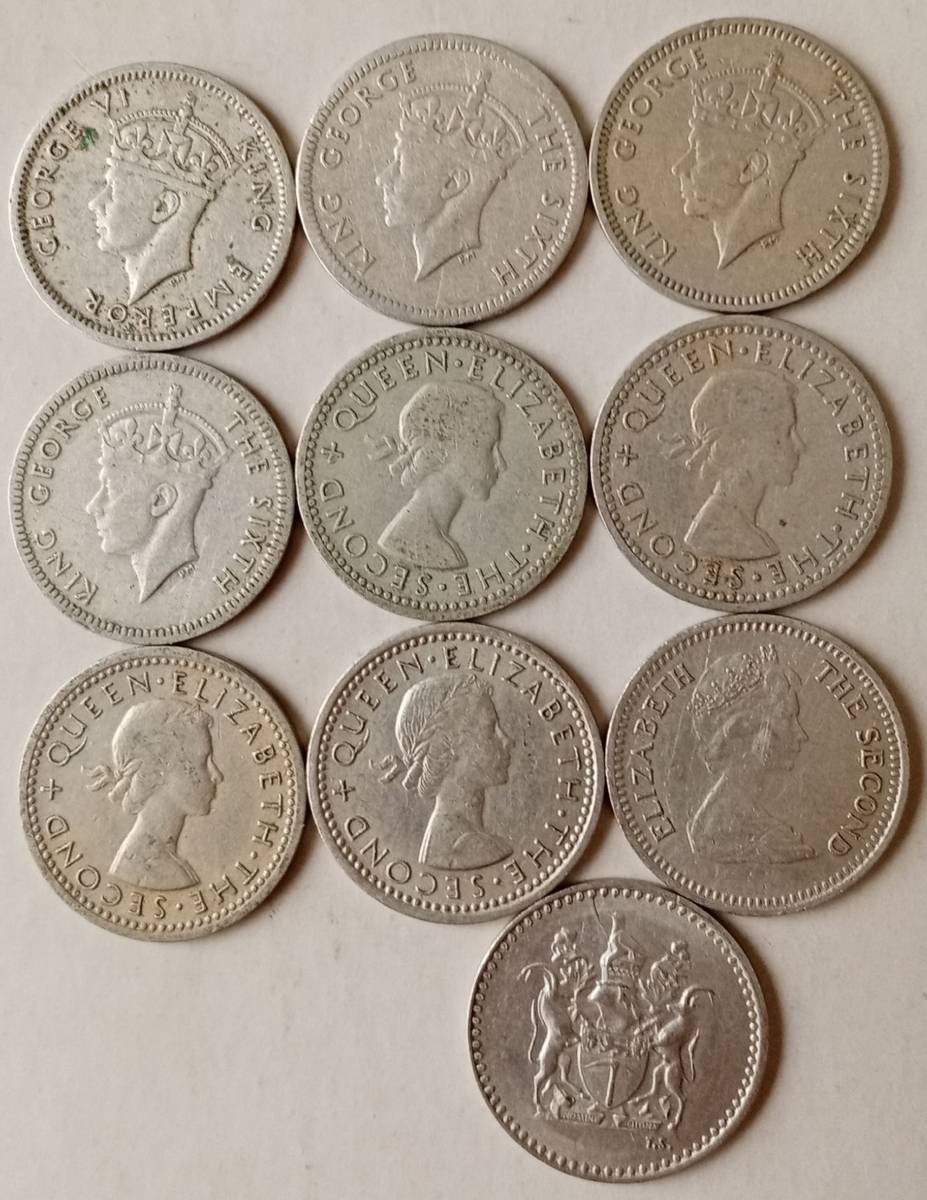 Africa - Lot of x10 Rhodesian nickel threepence coins (1947-1970) for ...