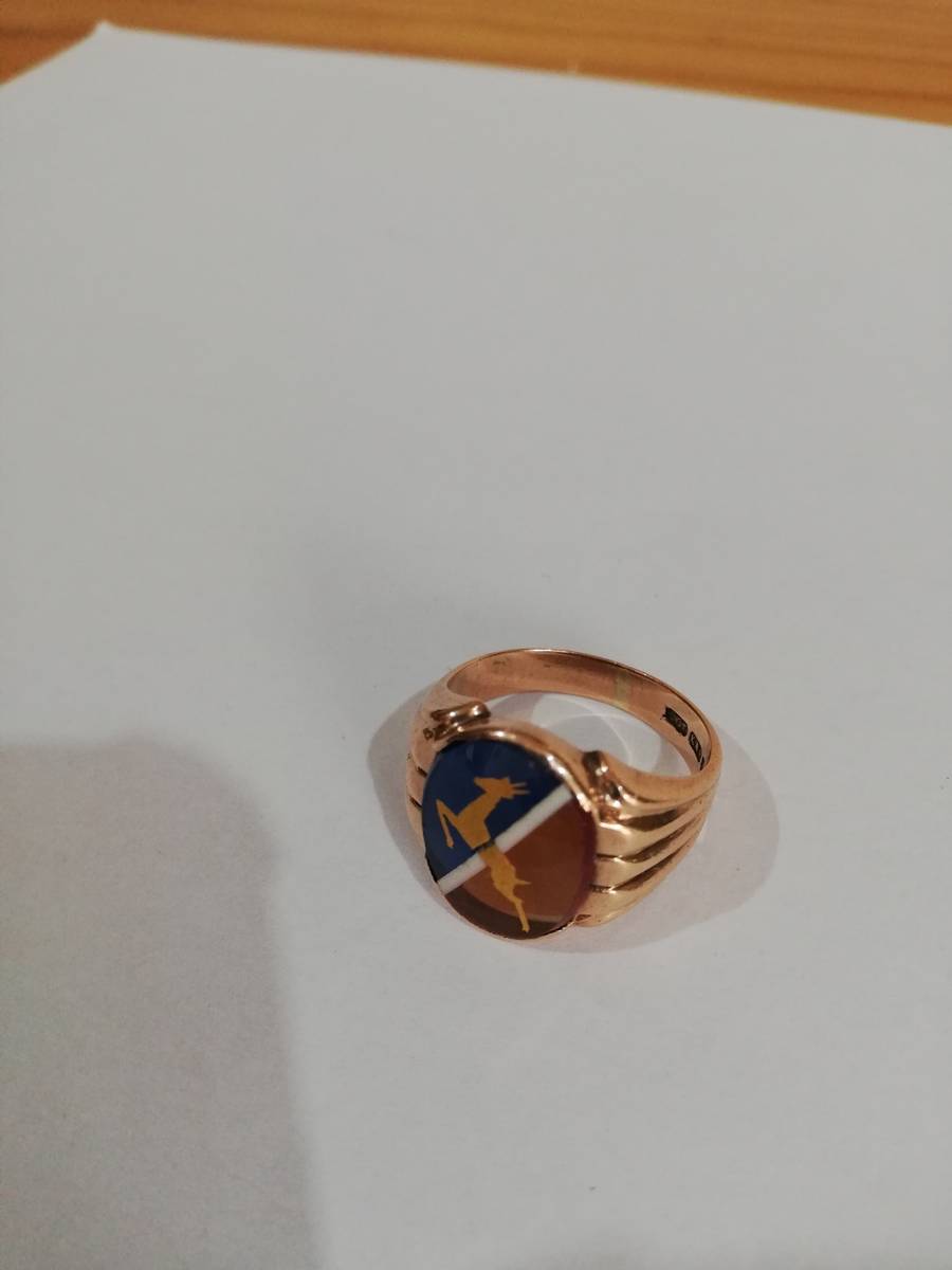 Rings - * SOLID 9CT ROSE GOLD SPRINGBOK RING * OLD SA FLAG COLOURS ...