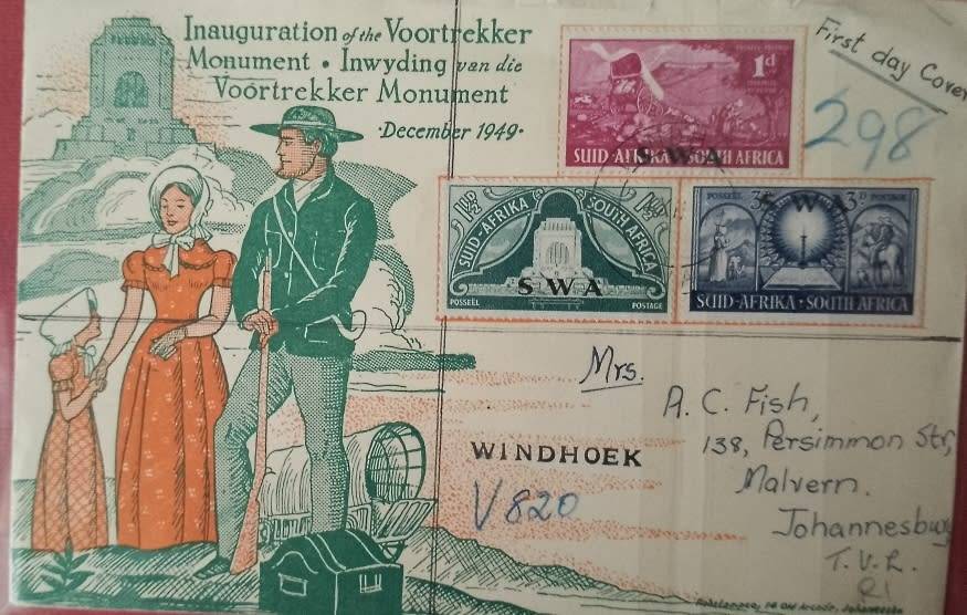 Namibia - SWA 1949 VOORTREKKER MONUMENT FDC WITH SWA OVER PRINT STAMPS ...