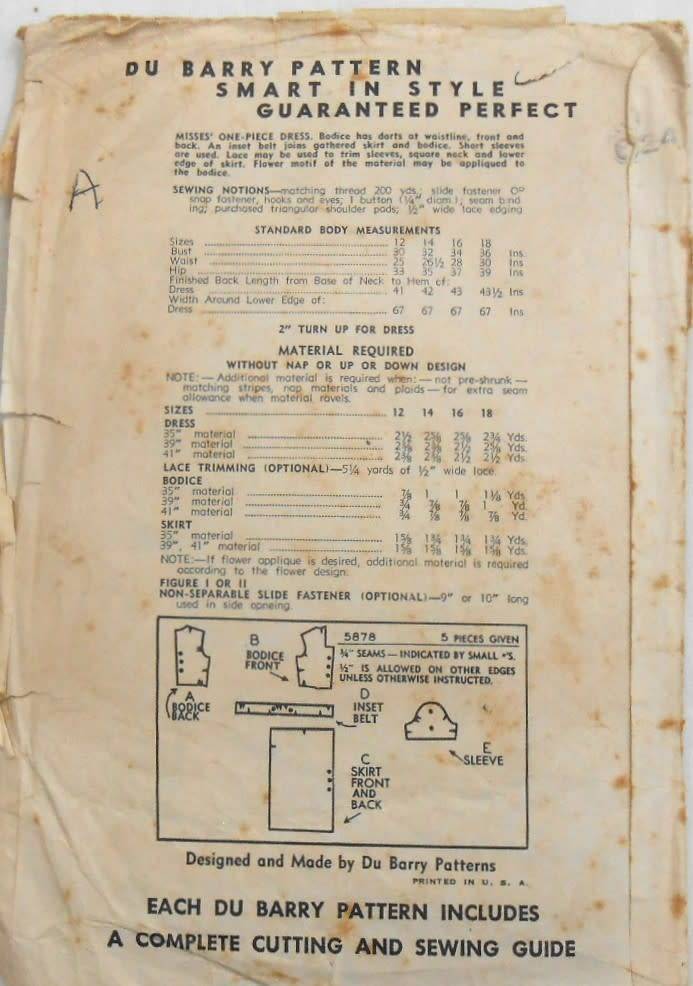 Other Sewing Accessories - VINTAGE DU BARRY PATTERN 5878 ONE PIECE ...