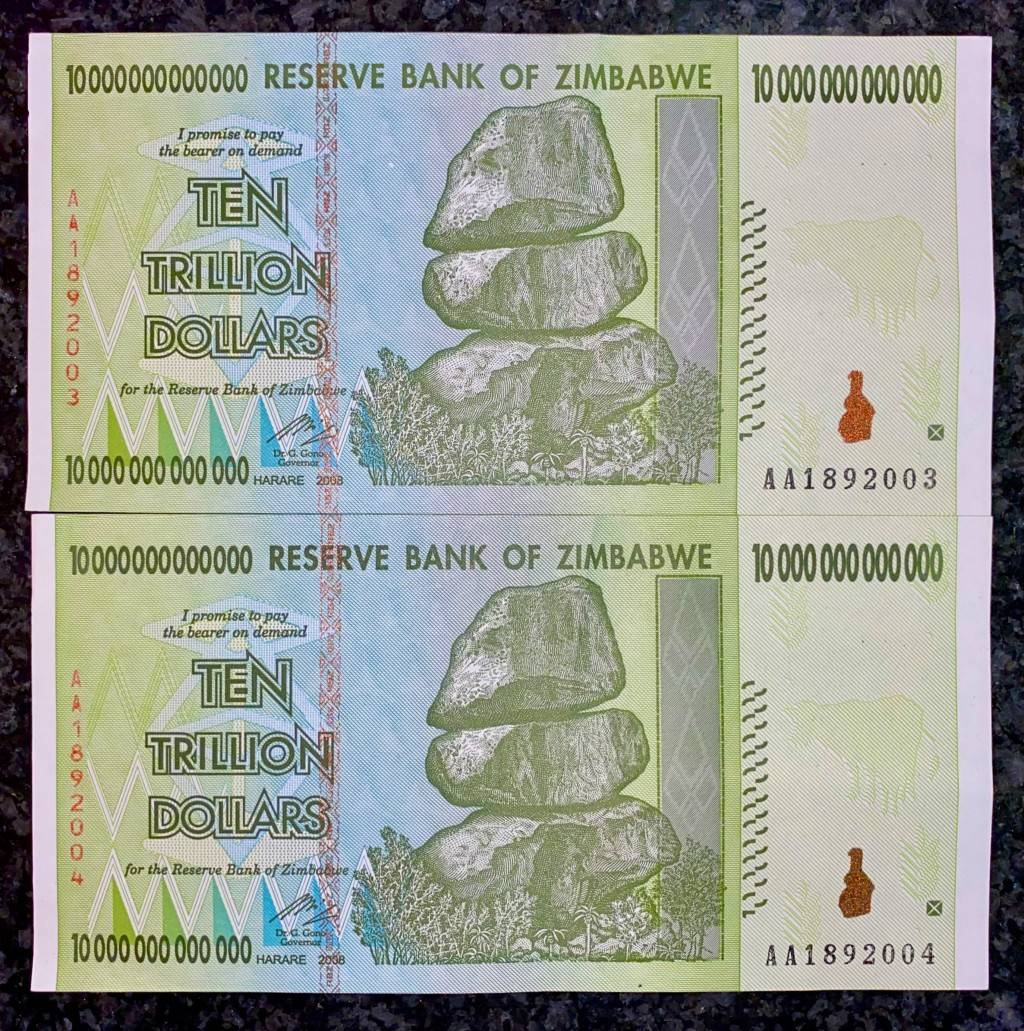 Africa - ZIMBABWE AA 10 TRILLION DOLLARS IN SEQUENCE AA1892003-004 ...