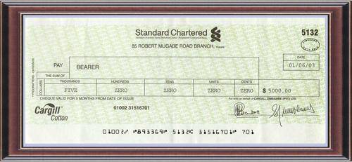 Africa - Cargill Cotton Bearer cheque 50 000 dated 1/6/03 - EF was sold ...