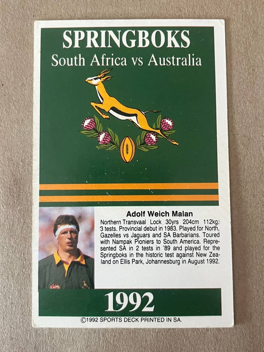 Sporting Memorabilia - Rugby Card - Adolf Malan 1992 Sports Deck Rugby ...
