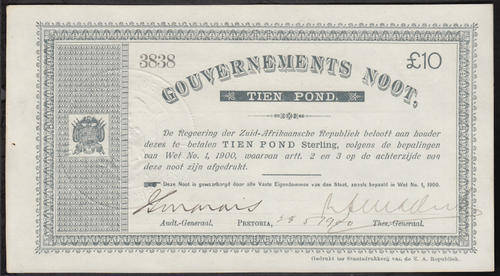 ZAR Bank Notes - 10 Pounds ZAR Gouvernements Noot : Boer War Emergency ...