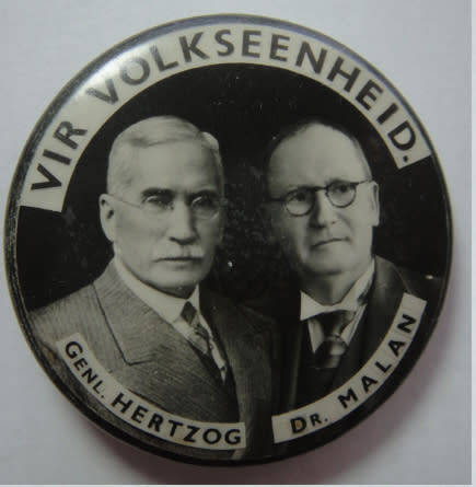 Commemorative - Vir Volkseenheid: Genl. Hertzog & Dr. Malan Tin Badge ...