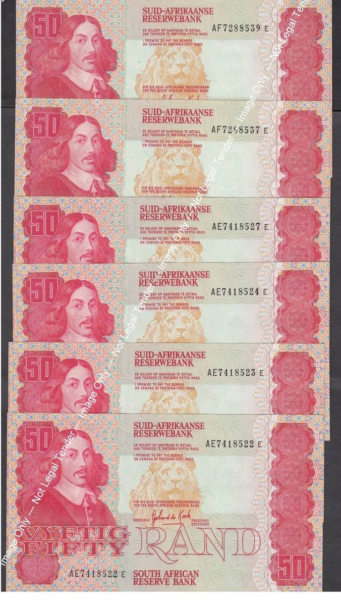 GPC de Kock - Six G. de Kock R50 notes of 1984 with close serial ...