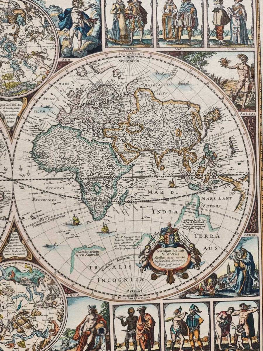 Maps - Rare Antique 1652 Visschers Two Hemisphere Cartes-a-Figures ...